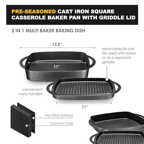 Bruntmor 2-in-1 Pre-seasoned Square Cast Iron Dutch Oven With Dual Handles, Non stick Pan with Grill, Casserole Dish with Lid for Braising Dishes, Crock Pot Covered With Cast Iron, Oven Safe Skillet