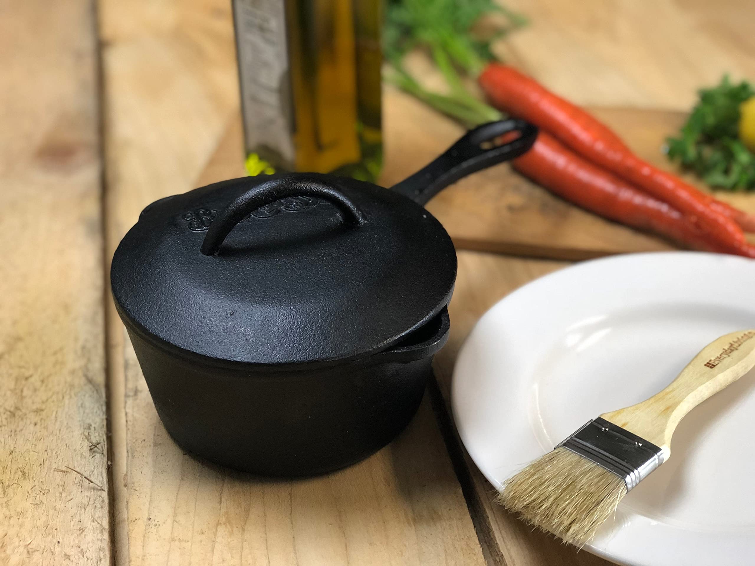 Bayou Classic 7441 1-qt Covered Cast Iron Sauce Pot Features Self Basting Lid Perfect For Small Portions Reducing Sauces Simmering Soups or Boiling an Egg