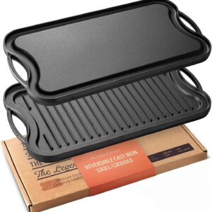 Legend Cast Iron Griddle for Gas Stovetop with Easy Grip Handles | 2-in-1 Reversible 20” | Use On Open Fire & in Oven | Lightly Pre-Seasoned Gets Better with Each Use