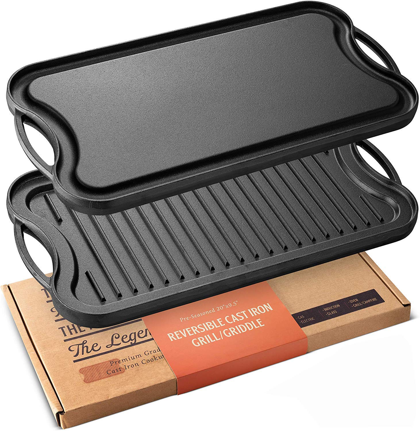 Legend Cast Iron Griddle for Gas Stovetop with Easy Grip Handles | 2-in-1 Reversible 20” | Use On Open Fire & in Oven | Lightly Pre-Seasoned Gets Better with Each Use