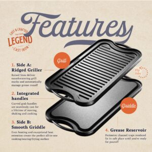 Legend Cast Iron Griddle for Gas Stovetop with Easy Grip Handles | 2-in-1 Reversible 20” | Use On Open Fire & in Oven | Lightly Pre-Seasoned Gets Better with Each Use