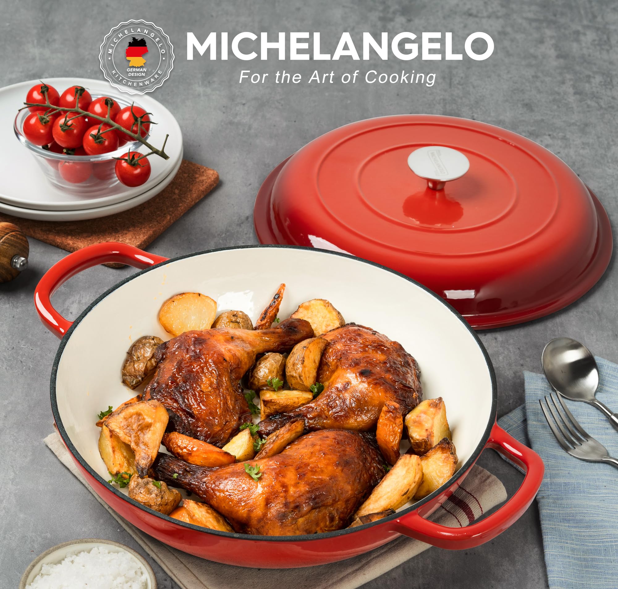 MICHELANGELO Braiser Enameled Cast Iron, 3.5 Quart Braiser Pan with Lid, Nonstick Braiser with Silicone Pads for Heat Insulation, Oven Safe Cast Iron Pan-Cherry Red