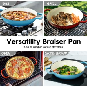 MICHELANGELO Braiser Enameled Cast Iron, 3.5 Quart Braiser Pan with Lid, Nonstick Braiser with Silicone Pads for Heat Insulation, Oven Safe Cast Iron Pan-Cherry Red