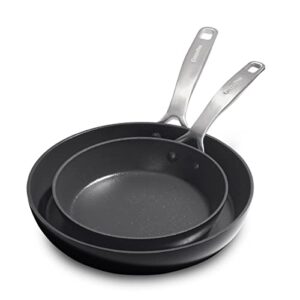 greenpan searsmart hard anodized healthy ceramic nonstick, 8" and 10" frying pan skillet set, pfas-free, textured surface, dishwasher safe, black