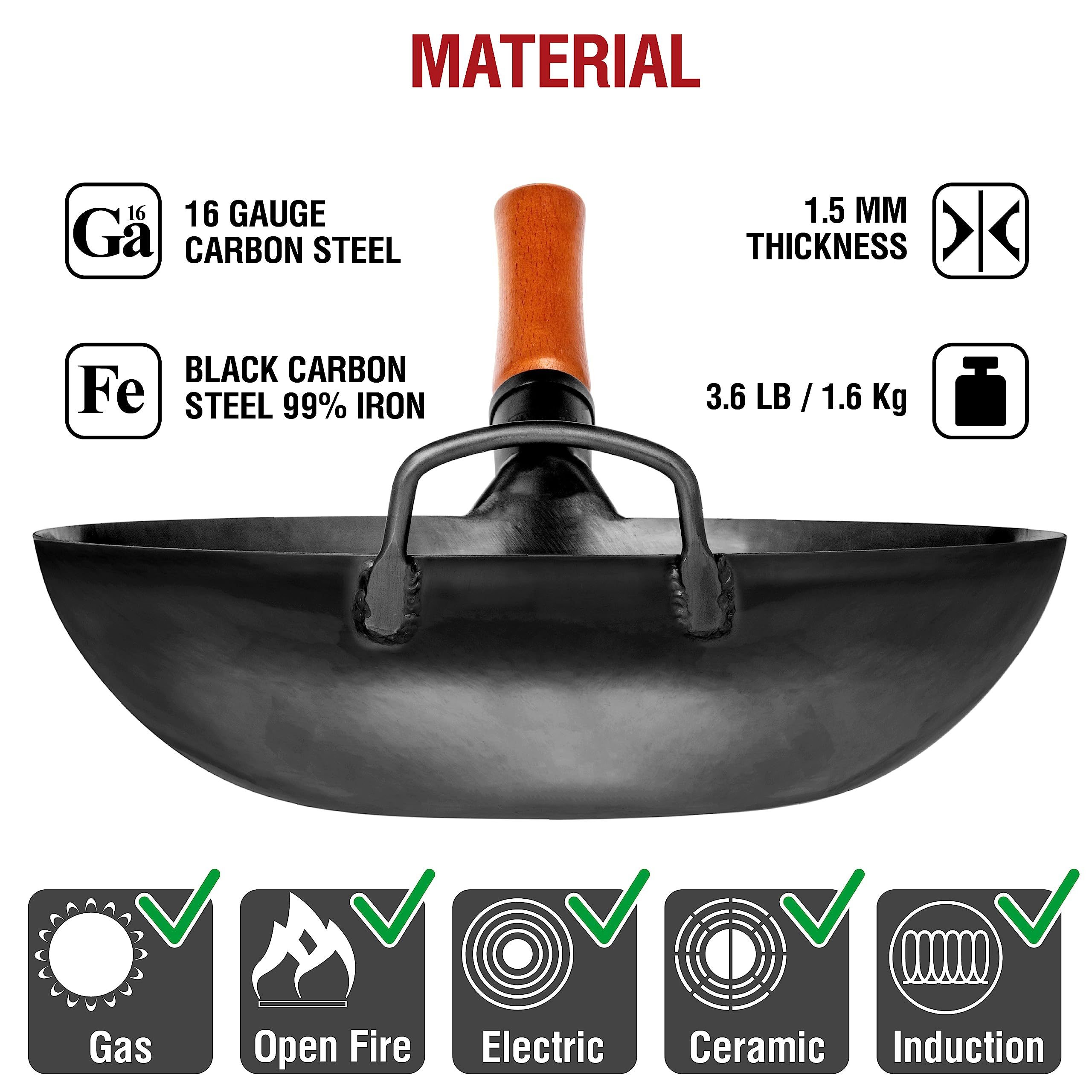 YOSUKATA Carbon Steel Wok Pan – 13,5 “ With Lid - Woks and Stir Fry Pans with Stainless Steel Set (Spatula + Ladle)- Chinese Wok with Flat Bottom Wok