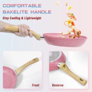 Nonstick Frying Pan Set with Lid, 8" 9.5" and 11" Non stick Frying Pan Set, Pink Pan Frying Pan Skillet Set Omelette Pan Healthy Stone Cookware, PFOA Free, Anti-Warp Base with All Stove Tops Available