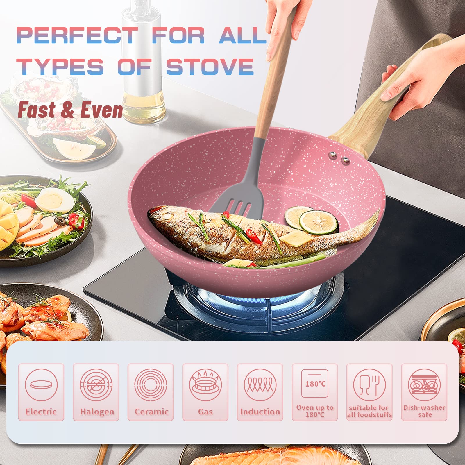 Nonstick Frying Pan Set with Lid, 8" 9.5" and 11" Non stick Frying Pan Set, Pink Pan Frying Pan Skillet Set Omelette Pan Healthy Stone Cookware, PFOA Free, Anti-Warp Base with All Stove Tops Available