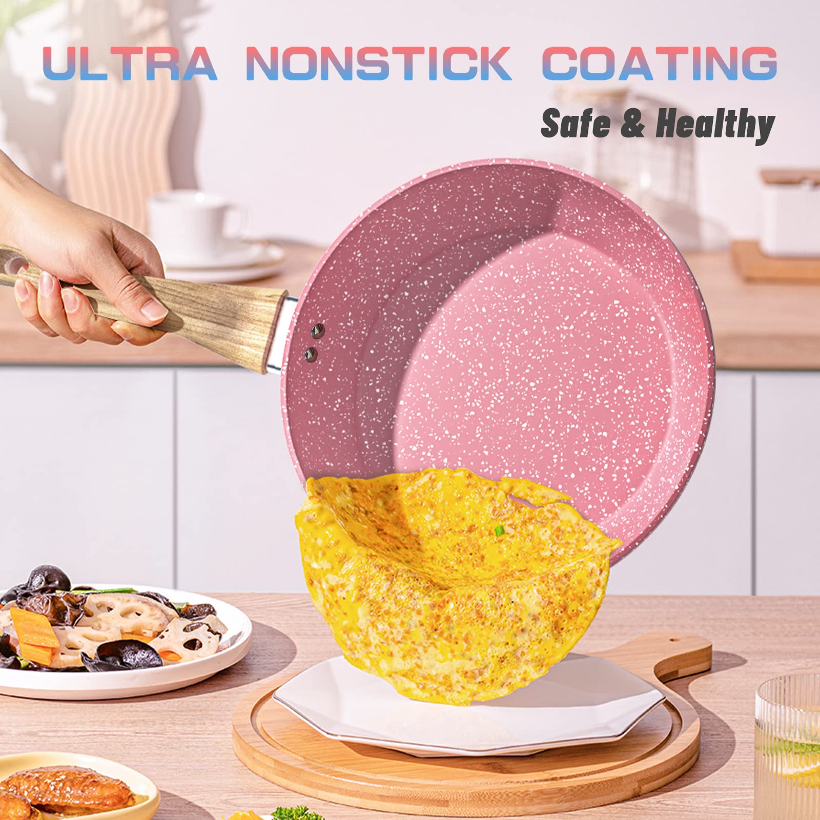 Nonstick Frying Pan Set with Lid, 8" 9.5" and 11" Non stick Frying Pan Set, Pink Pan Frying Pan Skillet Set Omelette Pan Healthy Stone Cookware, PFOA Free, Anti-Warp Base with All Stove Tops Available