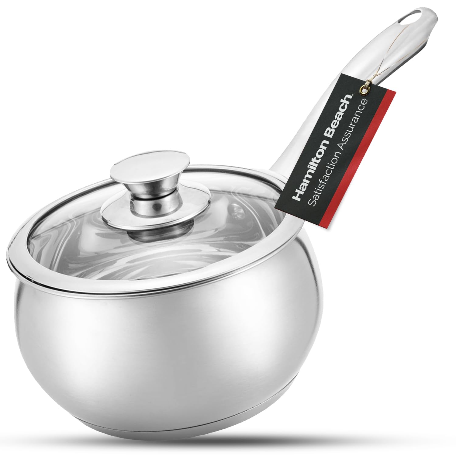 Hamilton Beach Sauce Pan Stainless Steel 2 Quart with Glass Lid, Ergonomic Handle, Multipurpose Sauce Pan with Lid, Small Pot for Cooking