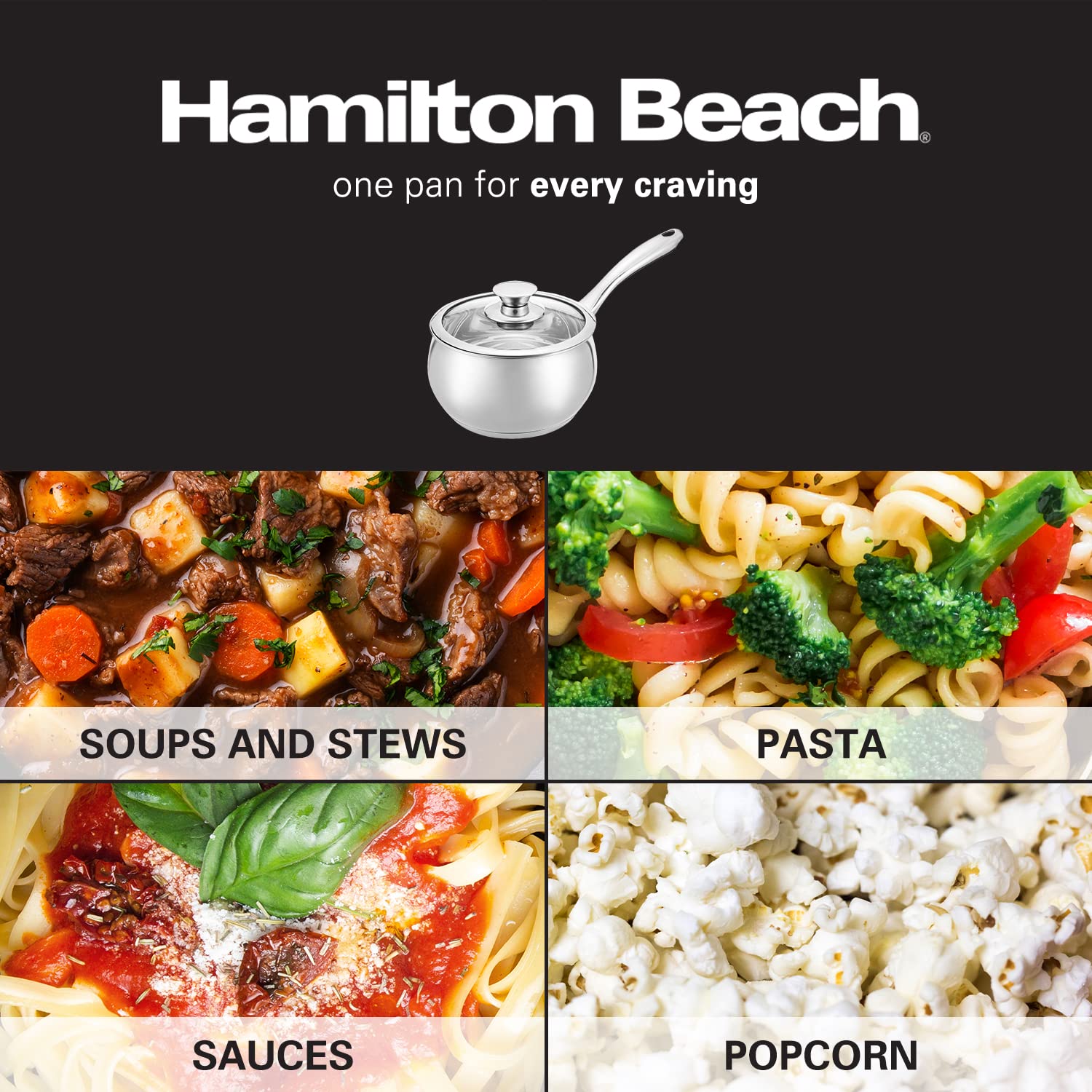 Hamilton Beach Sauce Pan Stainless Steel 2 Quart with Glass Lid, Ergonomic Handle, Multipurpose Sauce Pan with Lid, Small Pot for Cooking