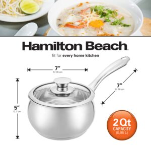 Hamilton Beach Sauce Pan Stainless Steel 2 Quart with Glass Lid, Ergonomic Handle, Multipurpose Sauce Pan with Lid, Small Pot for Cooking