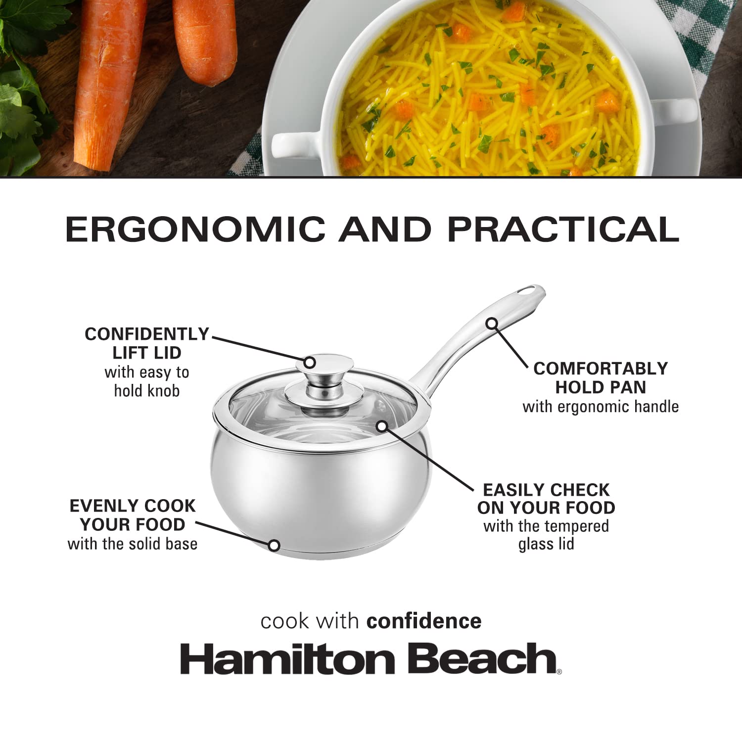 Hamilton Beach Sauce Pan Stainless Steel 2 Quart with Glass Lid, Ergonomic Handle, Multipurpose Sauce Pan with Lid, Small Pot for Cooking