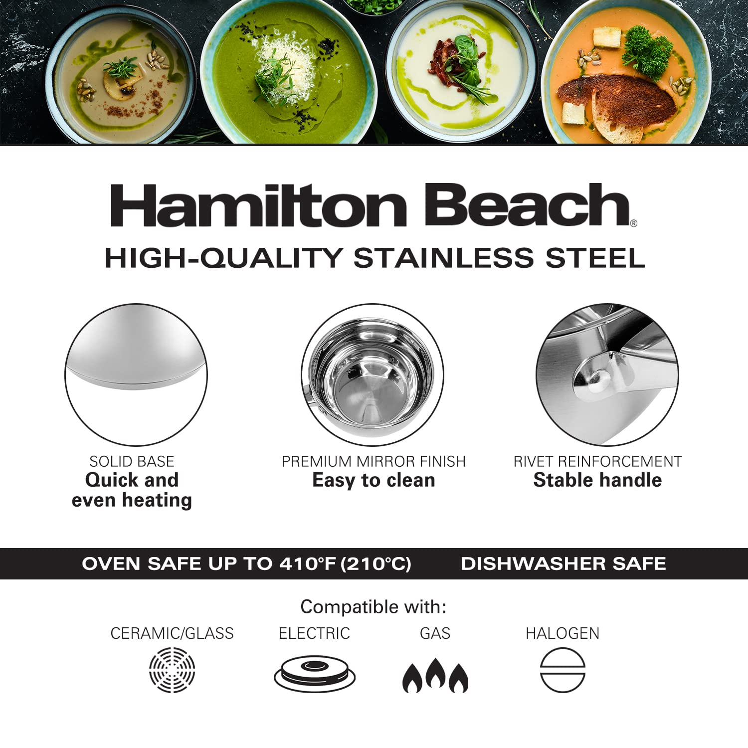 Hamilton Beach Sauce Pan Stainless Steel 2 Quart with Glass Lid, Ergonomic Handle, Multipurpose Sauce Pan with Lid, Small Pot for Cooking