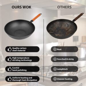 Carbon Steel Wok, 9 Pcs Wok Pan with Glass Lid & Handle Stir-Fry Pans 12.8" Chinese Wok Flat Bottom Wok with Cookware Accessories Suitabe for all Stoves (Black)