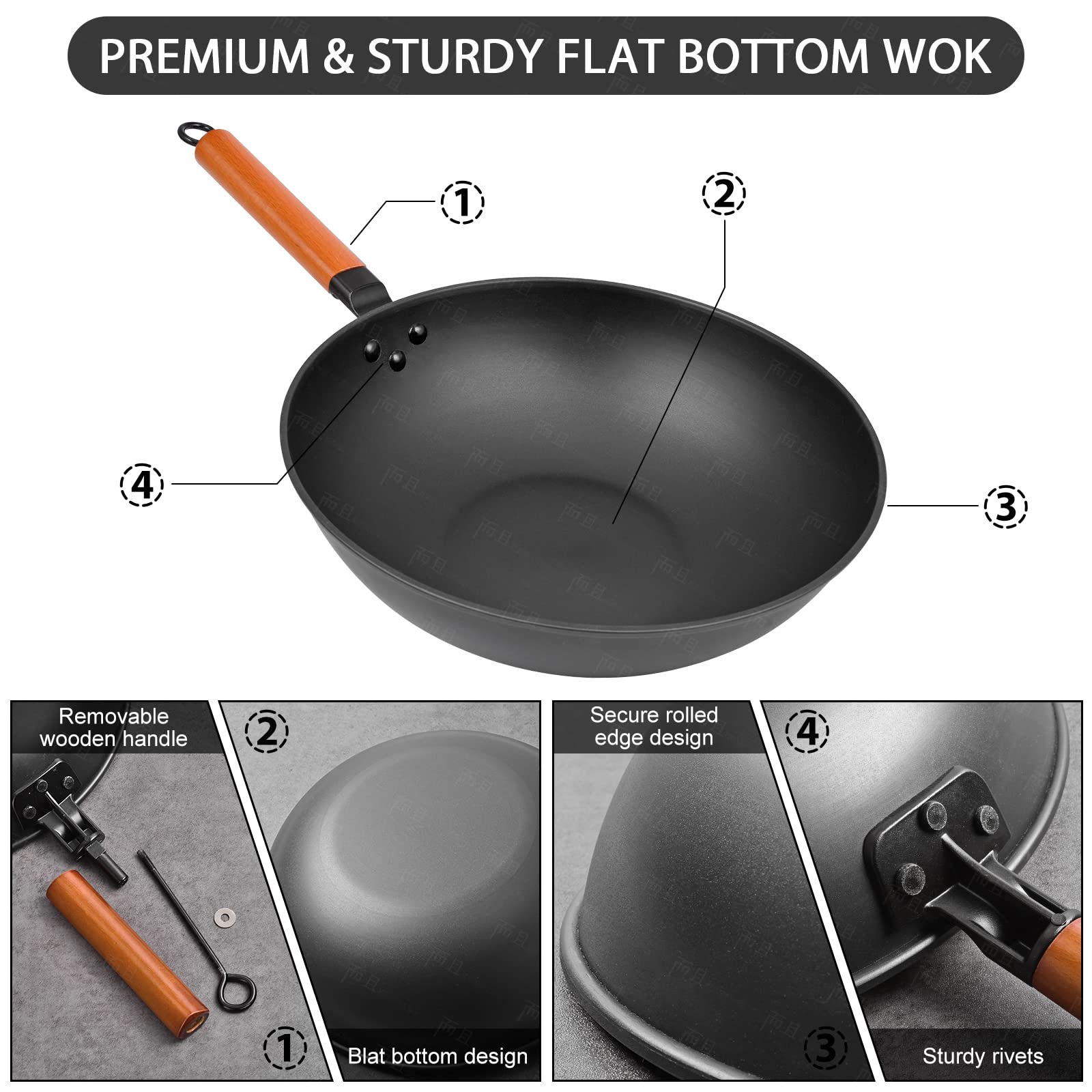 Carbon Steel Wok, 9 Pcs Wok Pan with Glass Lid & Handle Stir-Fry Pans 12.8" Chinese Wok Flat Bottom Wok with Cookware Accessories Suitabe for all Stoves (Black)