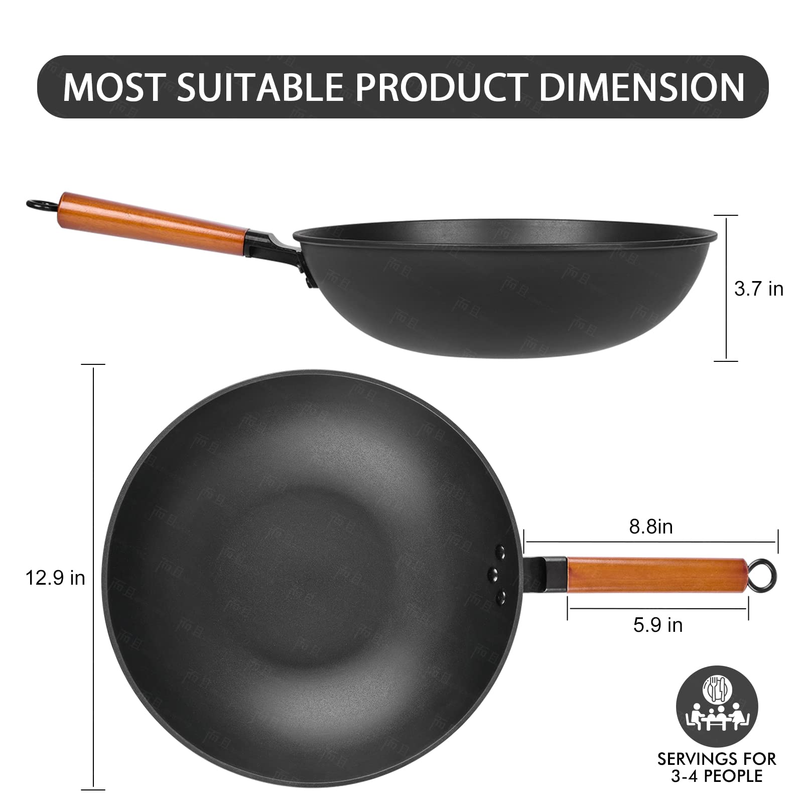 Carbon Steel Wok, 9 Pcs Wok Pan with Glass Lid & Handle Stir-Fry Pans 12.8" Chinese Wok Flat Bottom Wok with Cookware Accessories Suitabe for all Stoves (Black)