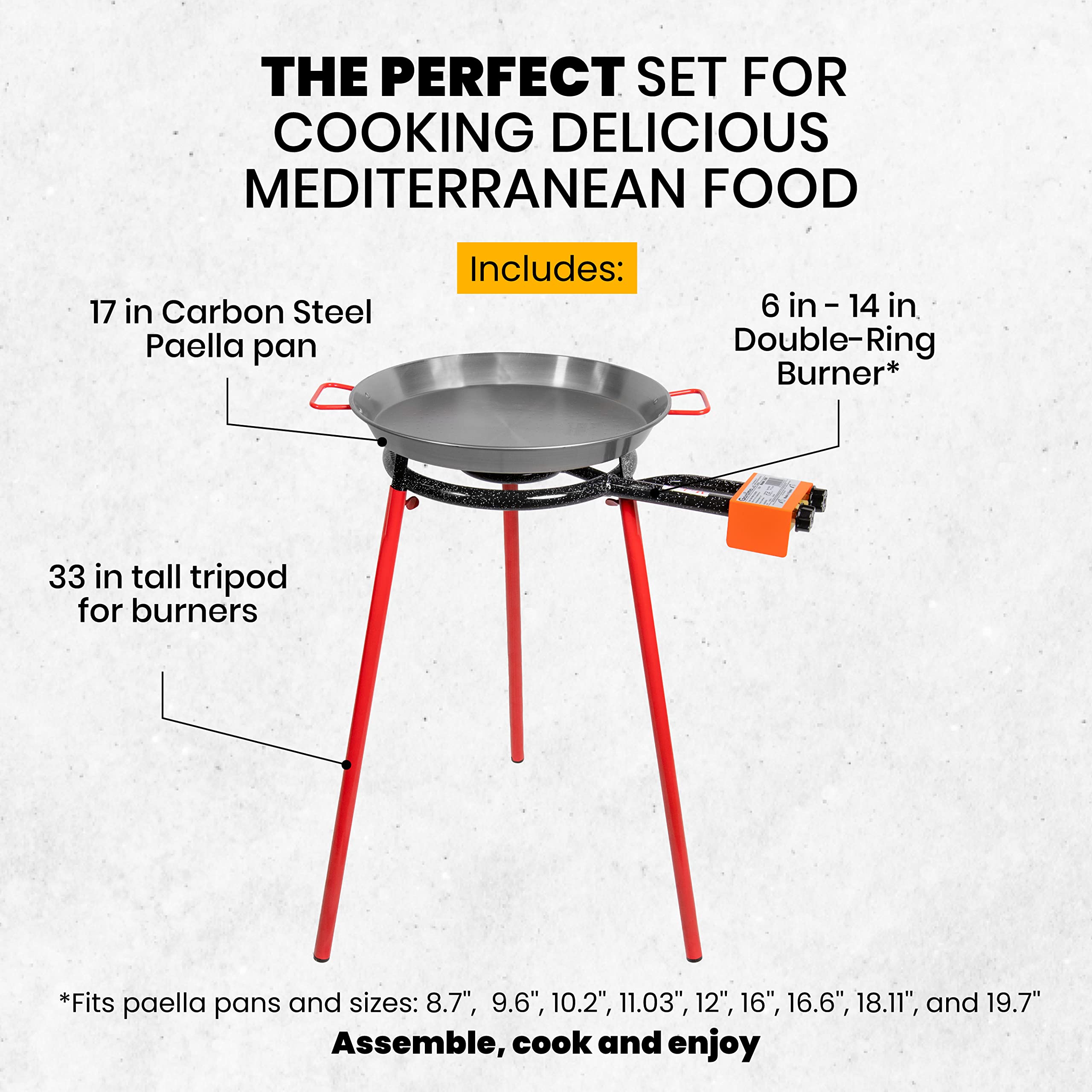 Machika Ibiza Paella Kit with 28-inch Carbon Steel Pan | 8-16 - 24 in Triple Ring Paella Burner and Stand Set (34 in) | Perfect for Gastronomic Events, Caterings, Camping | 25 Servings |