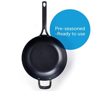 BK Pre-Seasoned Black Steel Carbon Steel Induction Compatible 12" Wok, Oven and Broiler Safe to 660F, Durable and Professional, Black