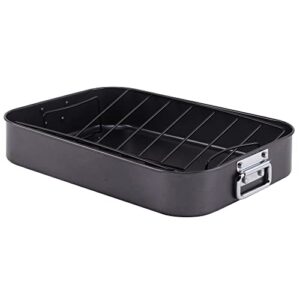 bakeley roasting pan, nonstick roaster pan with rack, turkey roasting pan with v rack, 17 inch x 13 inch, black