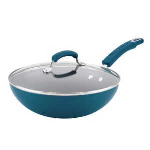 rachael ray brights nonstick wok/stir fry pan/wok pan with lid - 11 inch, marine blue gradient