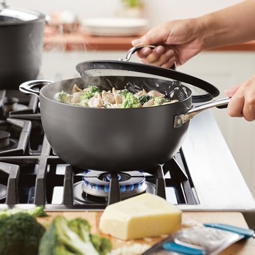 Rachael Ray Cook + Create Hard Anodized Nonstick Saucier Pan/Saucepan with Lid and Helper Handle, 4.5 Quart - Black