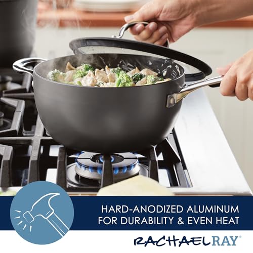 Rachael Ray Cook + Create Hard Anodized Nonstick Saucier Pan/Saucepan with Lid and Helper Handle, 4.5 Quart - Black