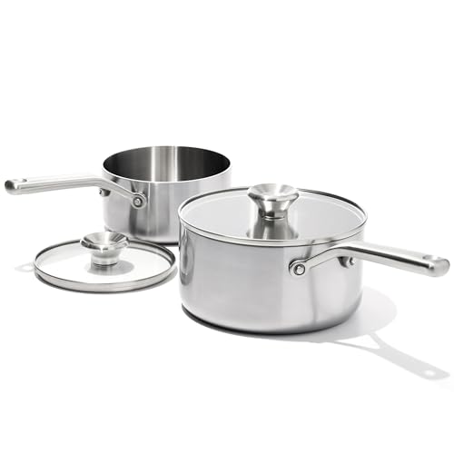 OXO Mira Tri-Ply Stainless Steel, 1.5QT and 3QT Saucepan Pot Set with Lids, Induction, Multi Clad, Dishwasher and Metal Utensil Safe