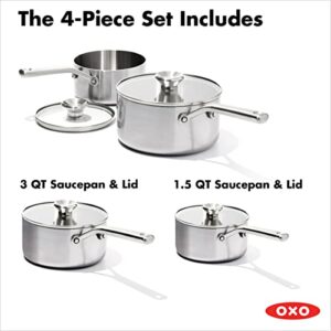 OXO Mira Tri-Ply Stainless Steel, 1.5QT and 3QT Saucepan Pot Set with Lids, Induction, Multi Clad, Dishwasher and Metal Utensil Safe