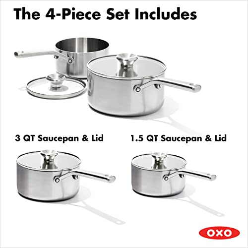 OXO Mira Tri-Ply Stainless Steel, 1.5QT and 3QT Saucepan Pot Set with Lids, Induction, Multi Clad, Dishwasher and Metal Utensil Safe