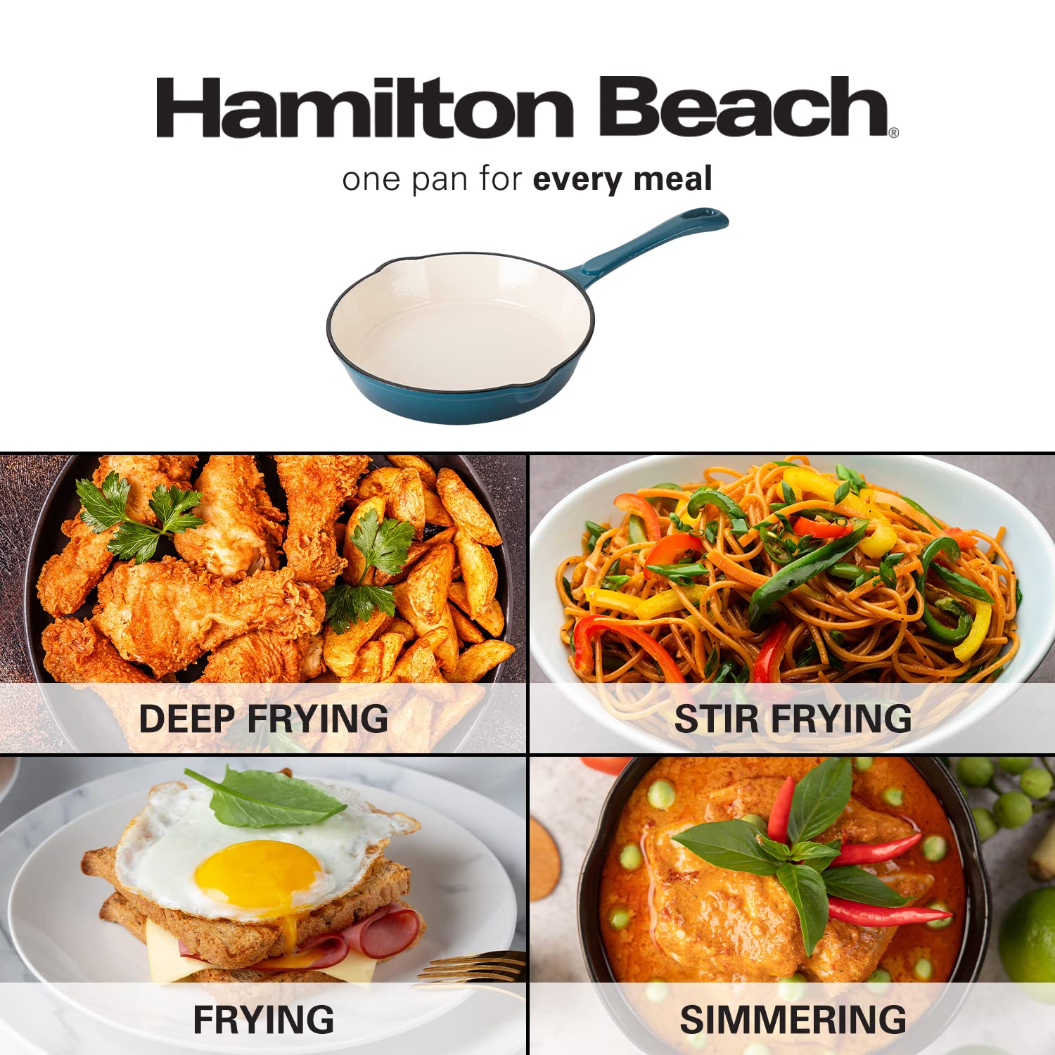 Hamilton Beach Enameled Cast Iron Fry Pan 8-Inch Navy, Cream Enamel coating, Skillet Pan For Stove top and Oven, Even Heat Distribution, Safe Up to 400 Degrees, Durable