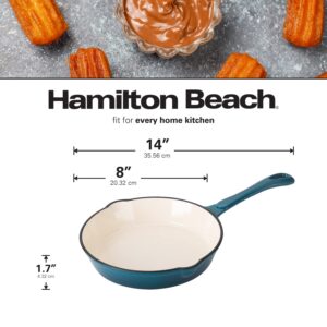 Hamilton Beach Enameled Cast Iron Fry Pan 8-Inch Navy, Cream Enamel coating, Skillet Pan For Stove top and Oven, Even Heat Distribution, Safe Up to 400 Degrees, Durable