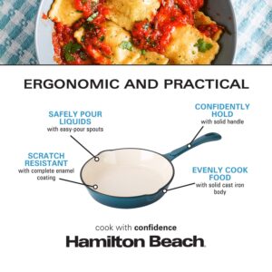 Hamilton Beach Enameled Cast Iron Fry Pan 8-Inch Navy, Cream Enamel coating, Skillet Pan For Stove top and Oven, Even Heat Distribution, Safe Up to 400 Degrees, Durable