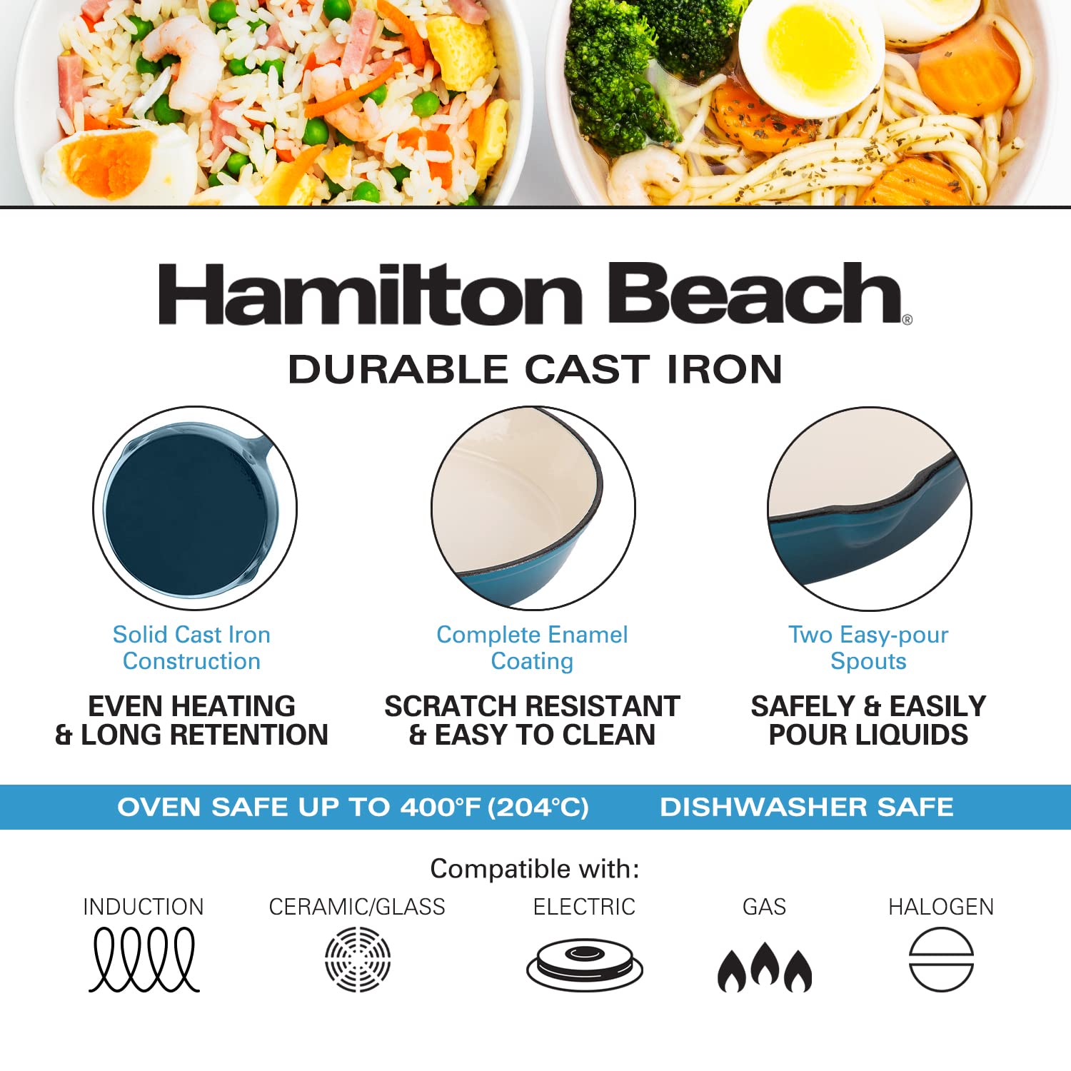 Hamilton Beach Enameled Cast Iron Fry Pan 8-Inch Navy, Cream Enamel coating, Skillet Pan For Stove top and Oven, Even Heat Distribution, Safe Up to 400 Degrees, Durable