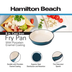 Hamilton Beach Enameled Cast Iron Fry Pan 8-Inch Navy, Cream Enamel coating, Skillet Pan For Stove top and Oven, Even Heat Distribution, Safe Up to 400 Degrees, Durable