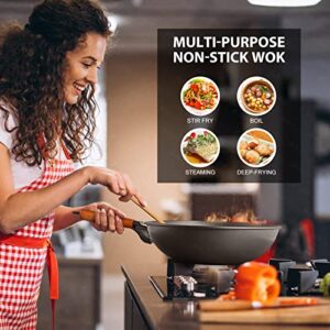 Carbon Steel Wok, 9 Pcs Wok Pan with Iron Lid & Handle Stir-Fry Pans 12.8" Chinese Wok Flat Bottom Wok with Cookware Accessories Suitabe for all Stoves (Black)