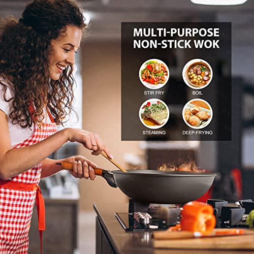 Carbon Steel Wok, 9 Pcs Wok Pan with Iron Lid & Handle Stir-Fry Pans 12.8" Chinese Wok Flat Bottom Wok with Cookware Accessories Suitabe for all Stoves (Black)