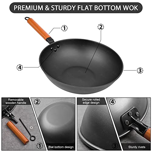 Carbon Steel Wok, 9 Pcs Wok Pan with Iron Lid & Handle Stir-Fry Pans 12.8" Chinese Wok Flat Bottom Wok with Cookware Accessories Suitabe for all Stoves (Black)