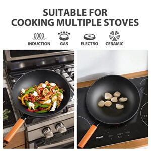 Carbon Steel Wok, 9 Pcs Wok Pan with Iron Lid & Handle Stir-Fry Pans 12.8" Chinese Wok Flat Bottom Wok with Cookware Accessories Suitabe for all Stoves (Black)