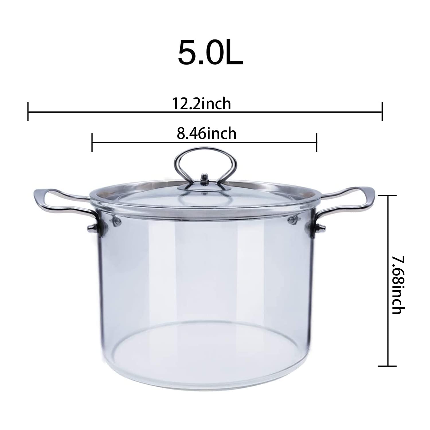 Saucepan with Lid, Glass Pot Stovetop 5L Heat Resistant ABHOME Stainless Steel Double Handles Clear Glassware for Cooking Milk, Pasta & Baby Food (5 Liter)