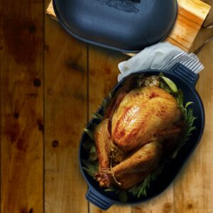 Bayou Classic 7418 12-qt Cast Iron Oval Roaster Features Domed Cast Iron Lid Perfect For Slow Cooking Roast Turkey Chicken Ham Pot Roast Stews Soups and Chili