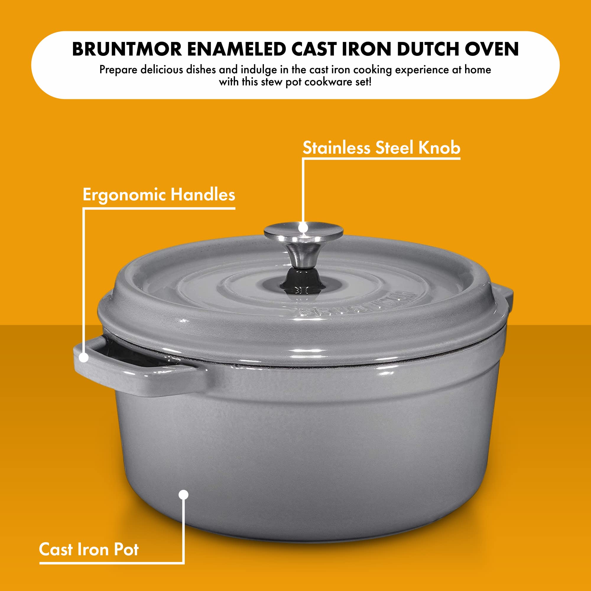 Bruntmor Pre-Seasoned 6.5 qt Enameled Cast Iron Round Dutch Ovens, 6.5 Quart Enameled Cast Iron Dutch Oven Pot With Lid And Handle, Heavy Duty Casserole Dish, Hand Wash Only, Pumpkin Spice