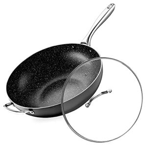 csk stir fry pan - wok pan with lid, nonstick frying pan with ergonomic handle and flat bottom, apeo & pfoa-free stone-derived non stick coating,14inch, black & gray black(14 inch)