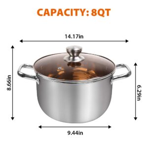 DricRoda Soup Pot 8 Quart Pot Stainless Steel Pasta Pot, Nonstick Stock Pot Cooking Pot with Lid and Handles, Large Pot Big Pot for Cooking Glass Lid Stockpot for Home Restaurant Party Dishwasher Safe