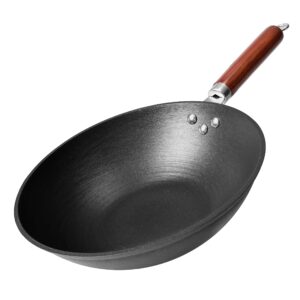 21st & main wok, stir fry pan, wooden handle, 11 inch, lightweight cast iron, chef’s pan, pre-seasoned nonstick, for chinese japanese and other cooking