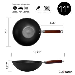 21st & Main Wok, Stir Fry Pan, Wooden Handle, 11 Inch, Lightweight Cast Iron, chef’s pan, pre-seasoned nonstick, for Chinese Japanese and other cooking