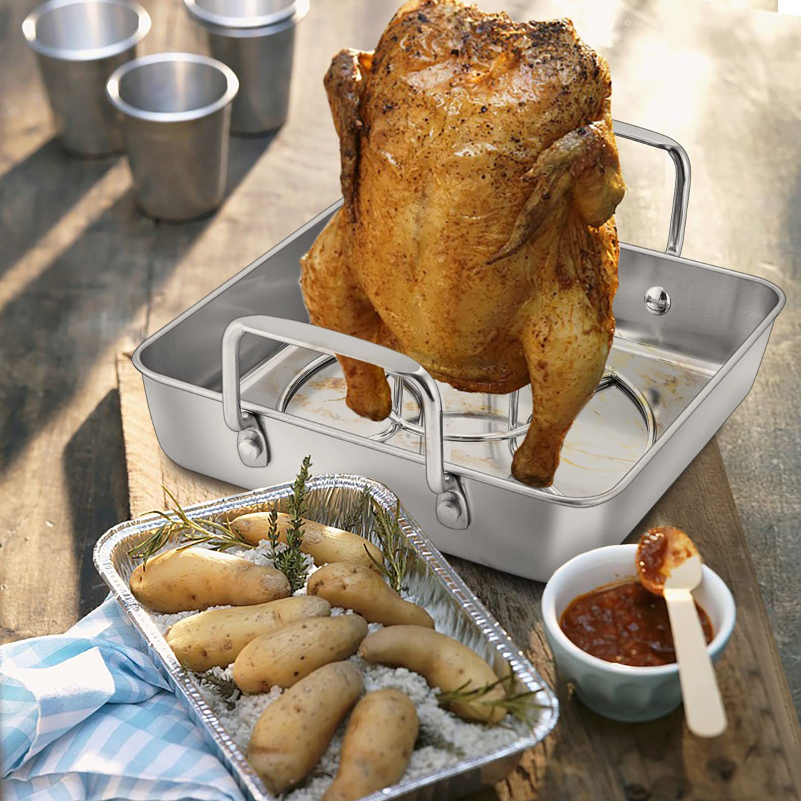 TeamFar Roasting Pan with Beer Can Chicken Holder, Stainless Steel Drip Pan with Vertical Rack Stand for Grill Oven Smoker, Healthy & Heavy Duty, Easy Clean & Dishwasher Safe, (1 Pan + 1 Rack)