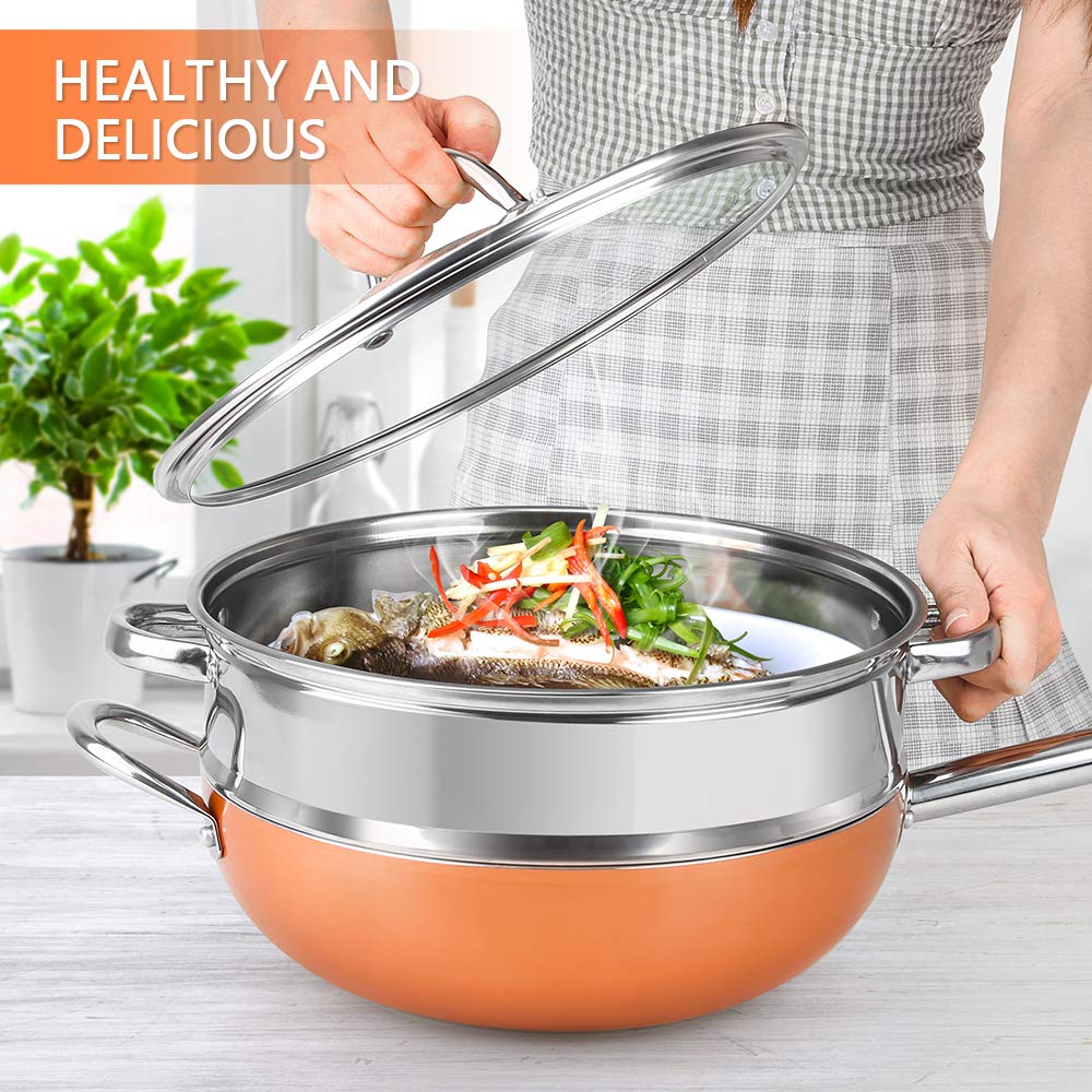 SHINEURI 12 Inch Nonstick Copper Wok and Stir Fry Pan with Lid, Copper Nonstick Wok with Lid, Copper Fry Wok Copper Pan Copper Skillet, Induction Compatible - 12 Inch Wok Pan with Lid & Steamer Basket