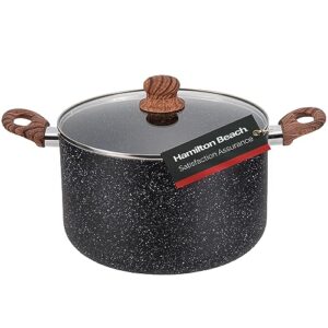 hamilton beach 8.5 quart nonstick marble coating even heating round dutch oven pot with glass lid and wooden like soft touch handle, dutch oven pot, braising, roasting