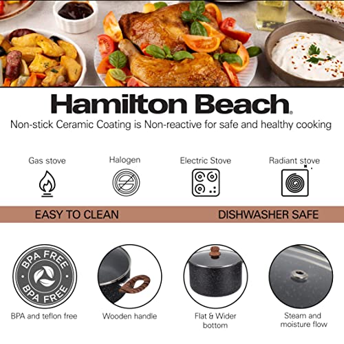 Hamilton Beach 8.5 Quart Nonstick Marble Coating Even Heating Round Dutch Oven Pot with Glass Lid and Wooden Like Soft Touch Handle, Dutch Oven Pot, Braising, Roasting