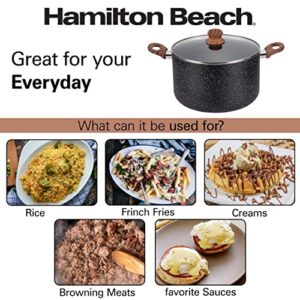 Hamilton Beach 8.5 Quart Nonstick Marble Coating Even Heating Round Dutch Oven Pot with Glass Lid and Wooden Like Soft Touch Handle, Dutch Oven Pot, Braising, Roasting